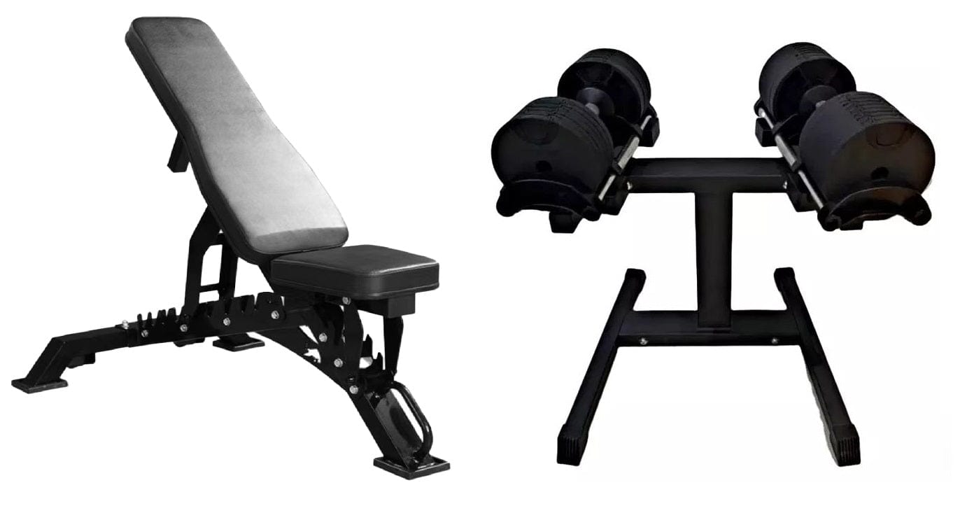 STRONGWAY 32KG 40KG Adjustable Dumbbells with Stand and Weight Bench